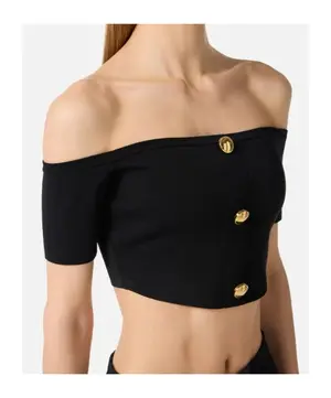 Elisabetta Franchi Off-the-shoulder Cropped Knit Top With Gold Buttons