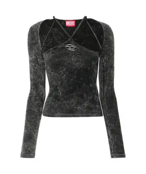 DIESEL® Ribbed Knit Logo Plaque Top - Black