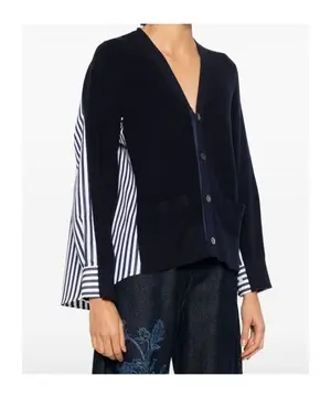 Sacai V-neck Cotton Cardigan With Striped Accents
