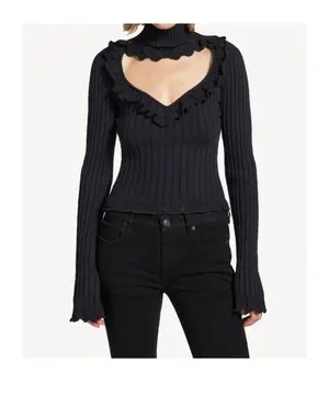 Balenciaga Heart Cut-out Ruffled Turtleneck Fine Knit Top