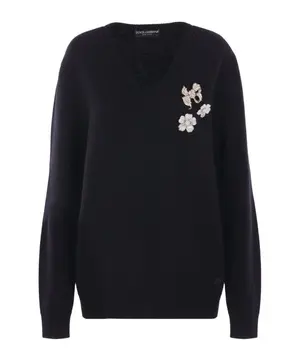 Dolce & Gabbana Embellished V-neck Knitted Pullover - Black