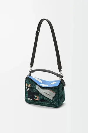 Loewe Petit Puzzle Futurist Cat Embroidered Jacquard And Calfskin Bag