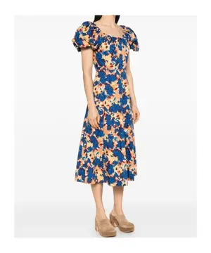 Ulla Johnson Imara Abstract Floral Print Puff Sleeve Midi Dress - Blue