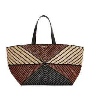 Loewe Puzzle Fold Tote In Raffia - Brown