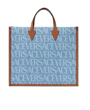 Versace Allover Printed Denim Top Handle Bag - Blue