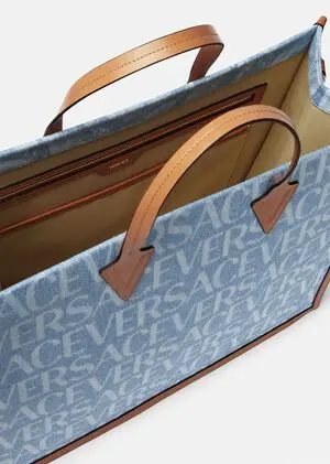 Versace Allover Printed Denim Top Handle Bag