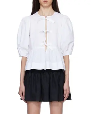 GANNI Poplin Peplum Tie Blouse - White