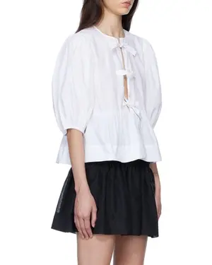 GANNI Poplin Peplum Tie Blouse - White