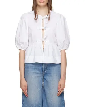 GANNI Poplin Peplum Tie Blouse - White
