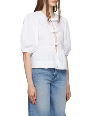 GANNI Poplin Peplum Tie Blouse - White