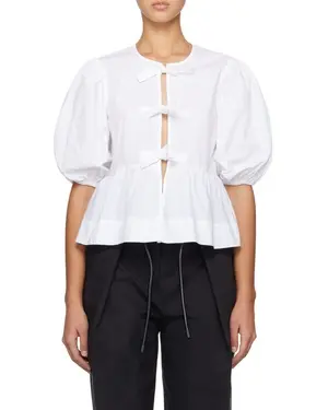 GANNI Poplin Peplum Tie Blouse - White