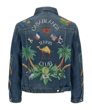 Casablanca Tennis Club Washed Denim Jacket With Palm Tree And Bird Embroidery