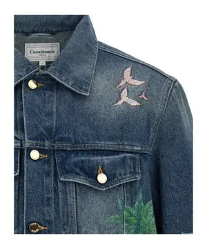 Casablanca Tennis Club Washed Denim Jacket With Palm Tree And Bird Embroidery
