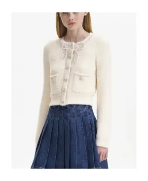 SELF-PORTRAIT Faux Pearl-embellished Cropped Cardigan With Bow Detail