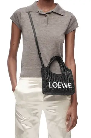 Loewe Mini Font Tote In Raffia - Black