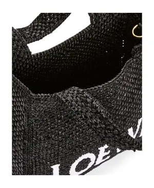 Loewe Mini Font Tote In Raffia - Black