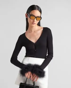 Prada Ribbed Cardigan With Feather Cuffs