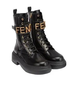 Fendi Logo Plaque Lace-up Biker Boots