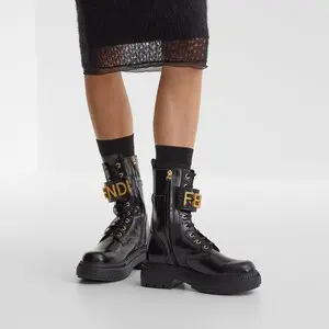 Fendi Logo Plaque Lace-up Biker Boots