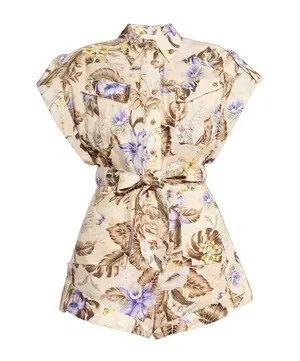 Zimmermann Floral Print Belted Jumpsuit With Puff Sleeves - Nude