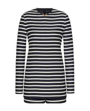 Valentino Garavani Striped Crewneck Jumpsuit With Gold Logo Plaque - Black