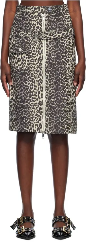 GANNI Cotton Tweed Midi Skirt With Belt - Leopard