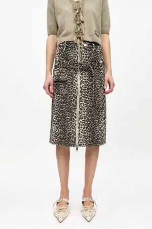 GANNI Cotton Tweed Midi Skirt With Belt - Leopard