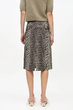 GANNI Cotton Tweed Midi Skirt With Belt - Leopard