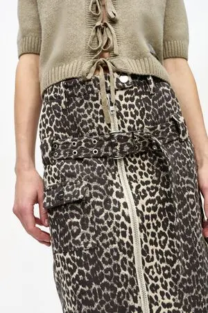 GANNI Cotton Tweed Midi Skirt With Belt - Leopard