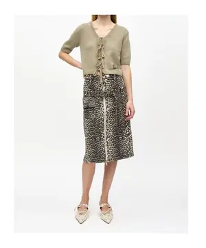 GANNI Cotton Tweed Midi Skirt With Belt - Leopard