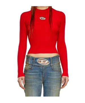 DIESEL® Ribbed-knit Long Sleeve Top With Oval D Emblem - Red