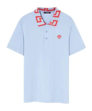 Versace Medusa Embroidered Short Sleeved Polo Shirt - Blue