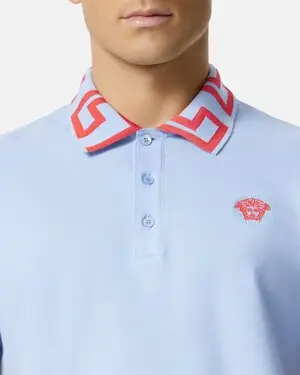 Versace Medusa Embroidered Short Sleeved Polo Shirt - Blue