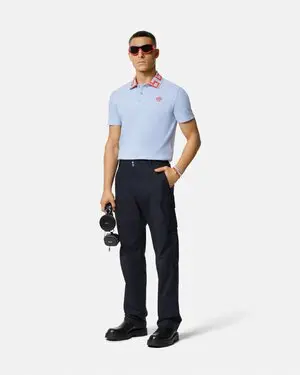 Versace Medusa Embroidered Short Sleeved Polo Shirt - Blue