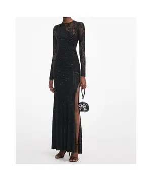 SELF-PORTRAIT Rhinestone Lace Sleeve Maxi Dress