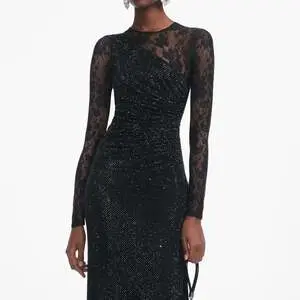 SELF-PORTRAIT Rhinestone Lace Sleeve Maxi Dress