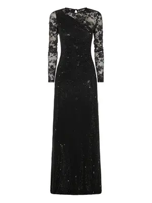 SELF-PORTRAIT Rhinestone Lace Sleeve Maxi Dress