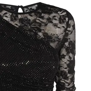 SELF-PORTRAIT Rhinestone Lace Sleeve Maxi Dress