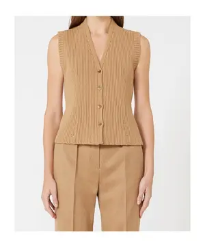 Max Mara V-neck Button-up Gilet With Jacquard Back And Belted Waist