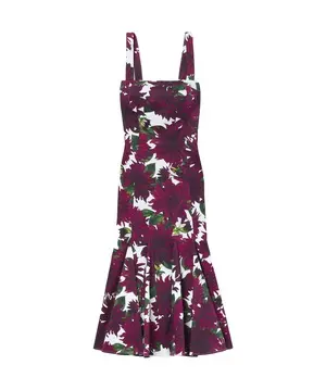 Oscar De La Renta Floral Print Square Neck Flared Hem Dress - Red