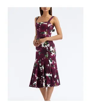 Oscar De La Renta Floral Print Square Neck Flared Hem Dress