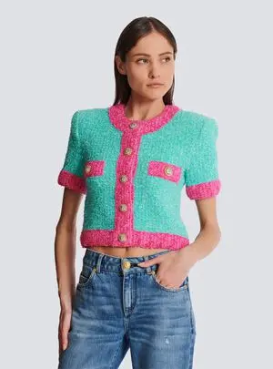 Balmain Two-tone Cropped Knit Cardigan