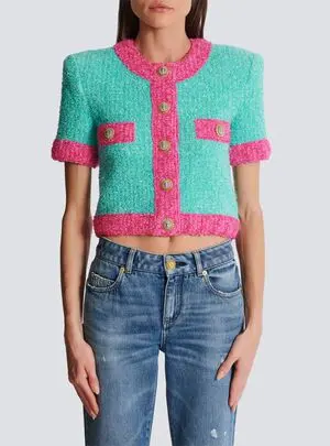 Balmain Two-tone Cropped Knit Cardigan