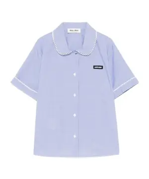 Miu Miu Short-sleeved Checked Shirt With Logo Detail - Blue