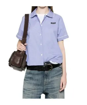 Miu Miu Short-sleeved Checked Shirt With Logo Detail - Blue