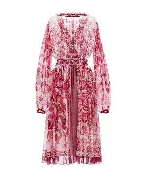 Dolce & Gabbana Graphic-printed Long Sleeve V-neck Belted Dress