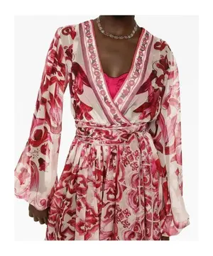Dolce & Gabbana Graphic-printed Long Sleeve V-neck Belted Dress