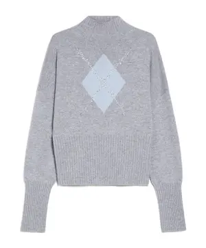 Max Mara High Neck Long Sleeve Jumper With Diamond Inlay - Light Grey