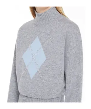 Max Mara High Neck Long Sleeve Jumper With Diamond Inlay - Light Grey