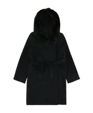 Max Mara Hooded Long-sleeved Coat With Waist Straps - Black